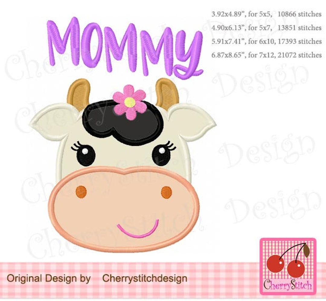 Cow Applique for MOMMY, Cow Face Mother Cow Machine Embroidery Applique ...