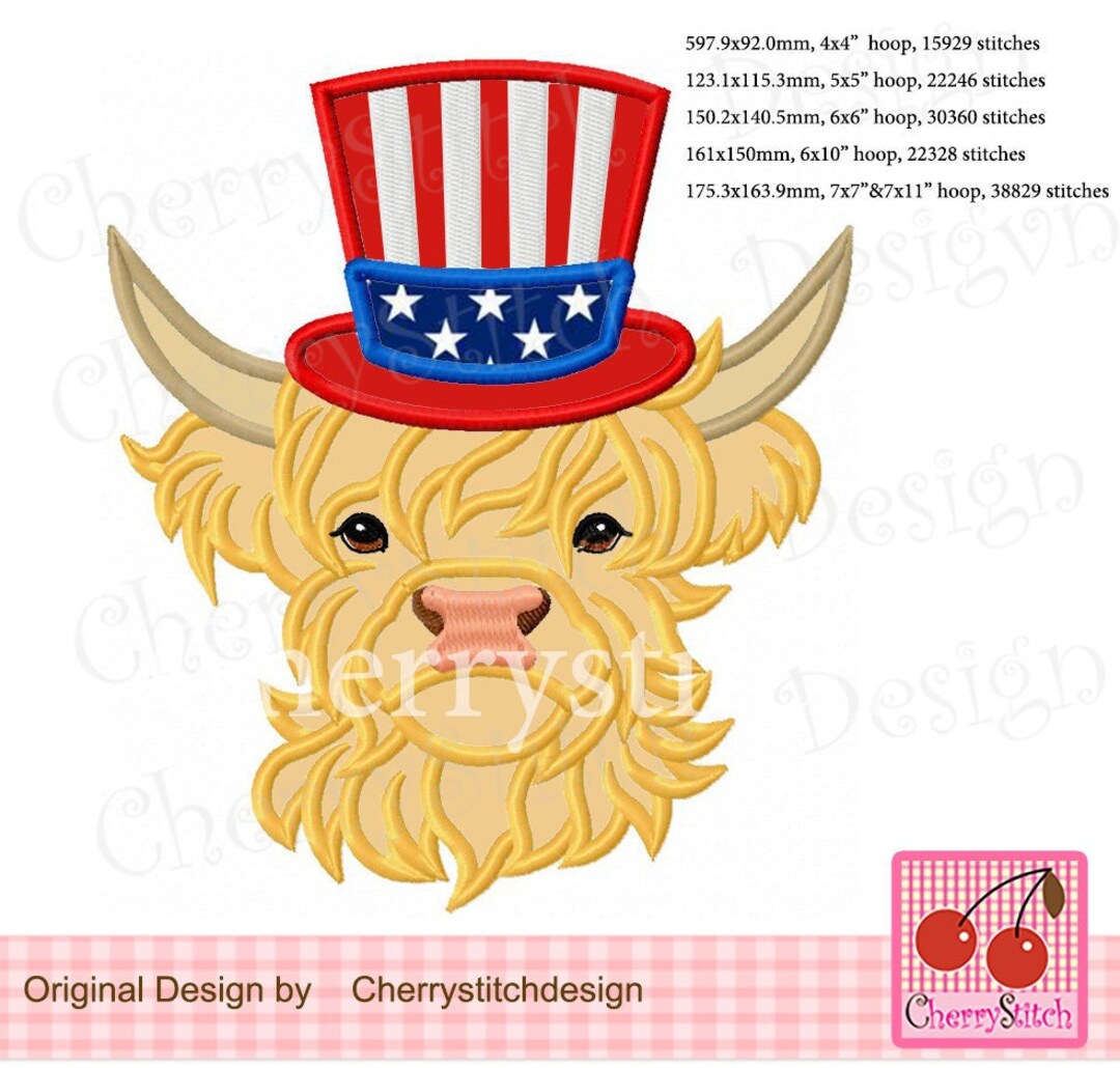 4th of July Highland Cow Machine Embrodrey Applique, Uncle Sam Hat ...
