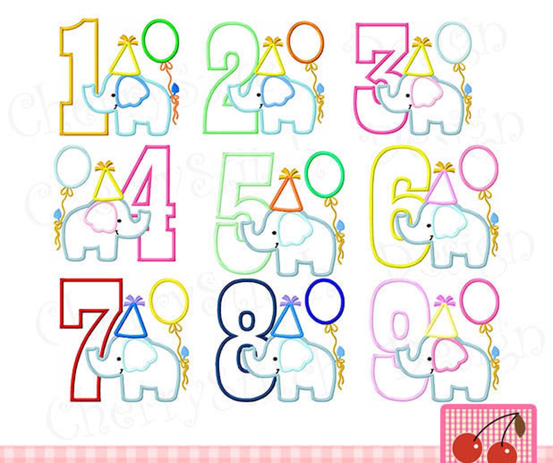 Elephant numbers Birthday Machine Embroidery Applique | Etsy