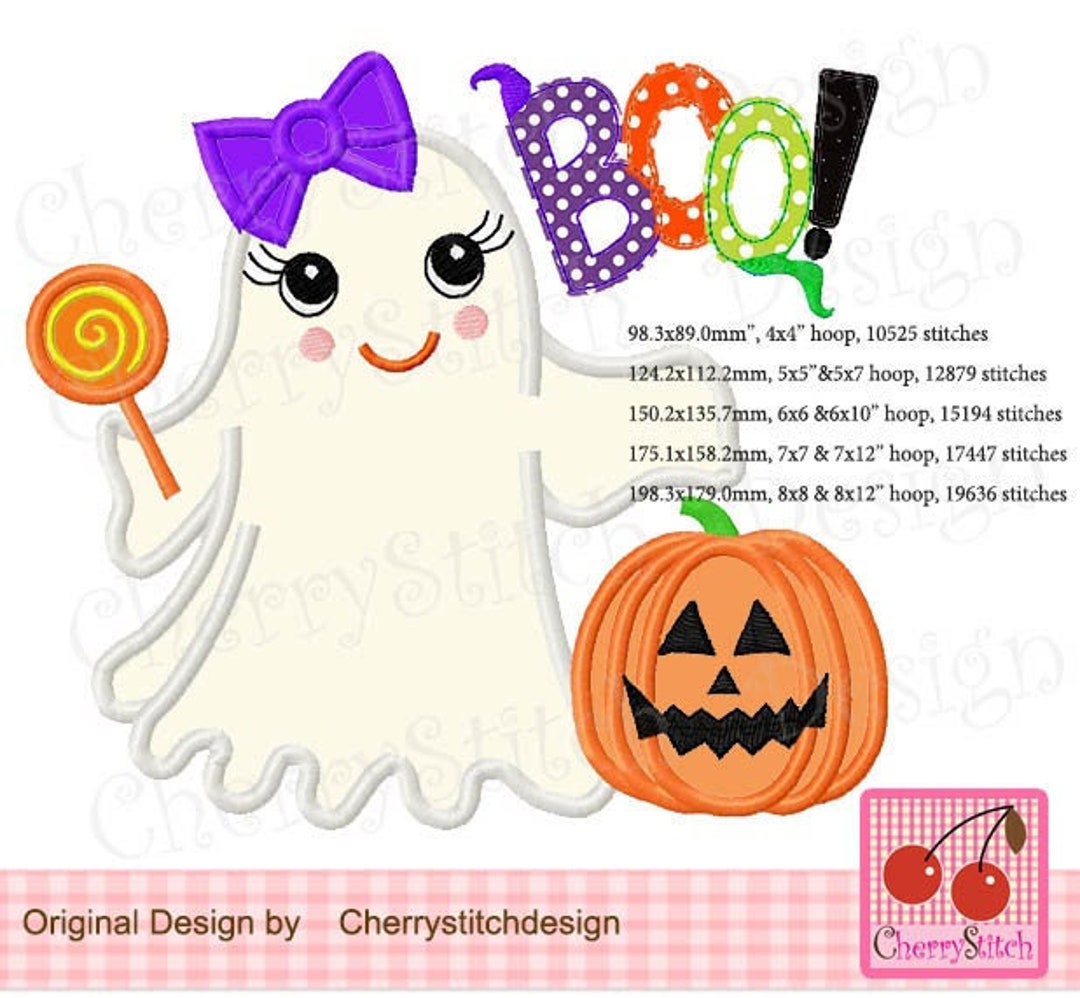 Halloween BOO, Cute Ghost Girl Machine Embroidery Applique Design ...