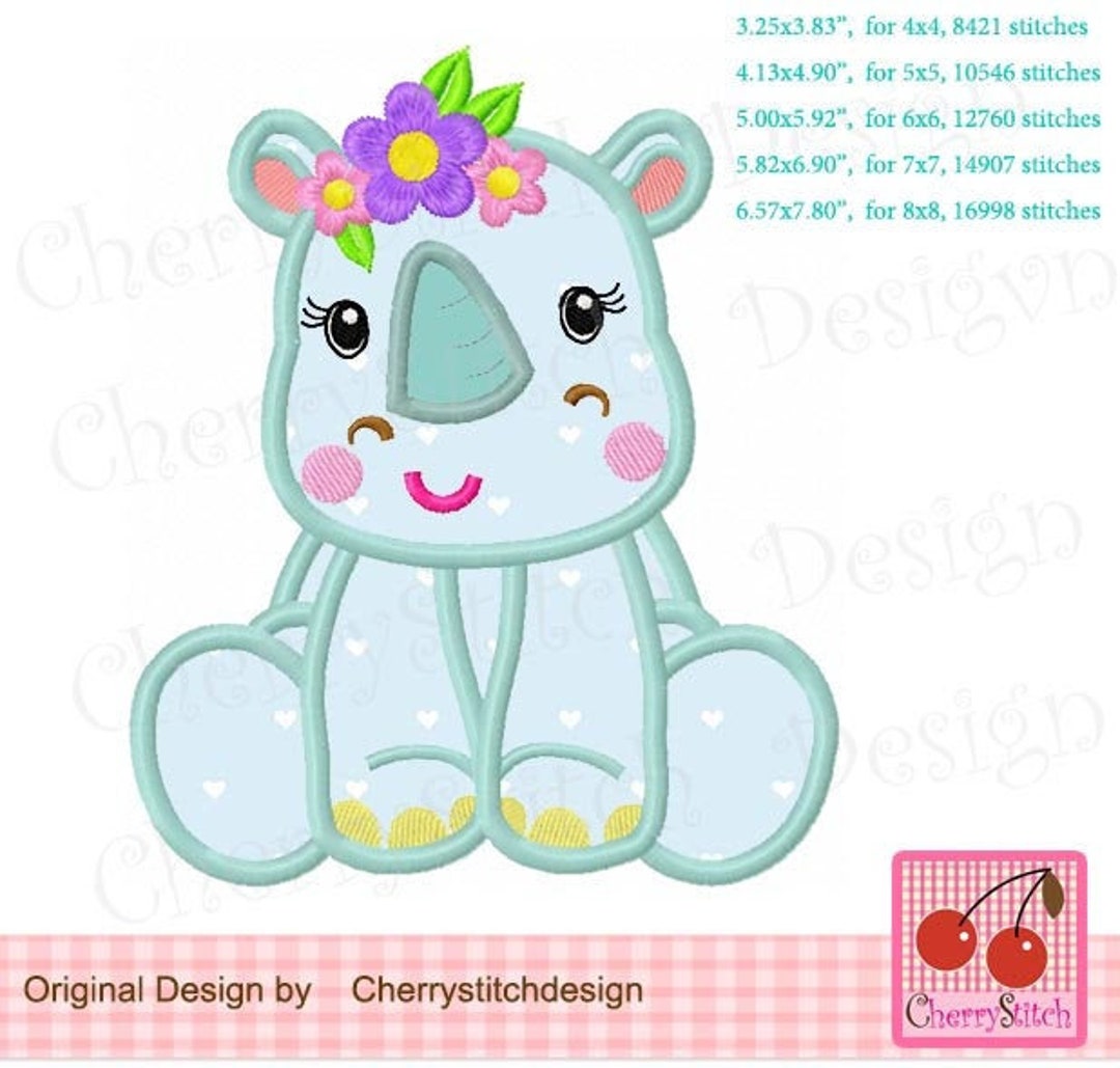 Rhino Baby Girl, Baby Rhino, Baby Animal Machine Embroidery Applique ...
