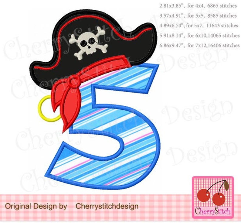Pirate Number 5 Birthday Number 5 Machine Embroidery Applique - Etsy