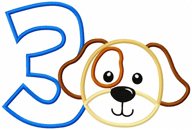 Puppy Number 3, Dog Number 3, Birthday Number 3 Machine Embroidery ...