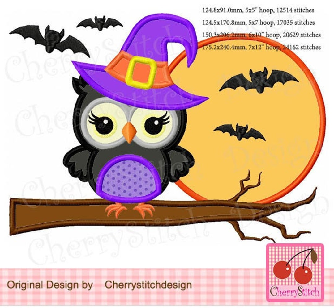 Halloween Witch Owl Moon, Owl on a Branch Machine Embroidery Applique ...