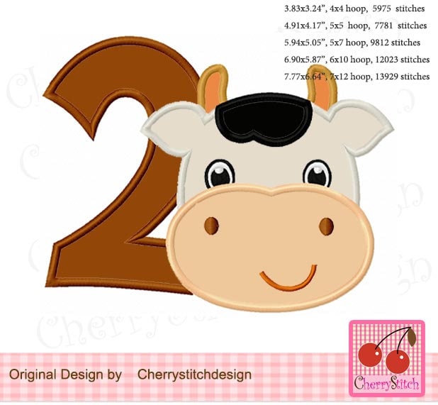 Aplique bordado a máquina con el número 2 del cumpleaños de la vaca ...