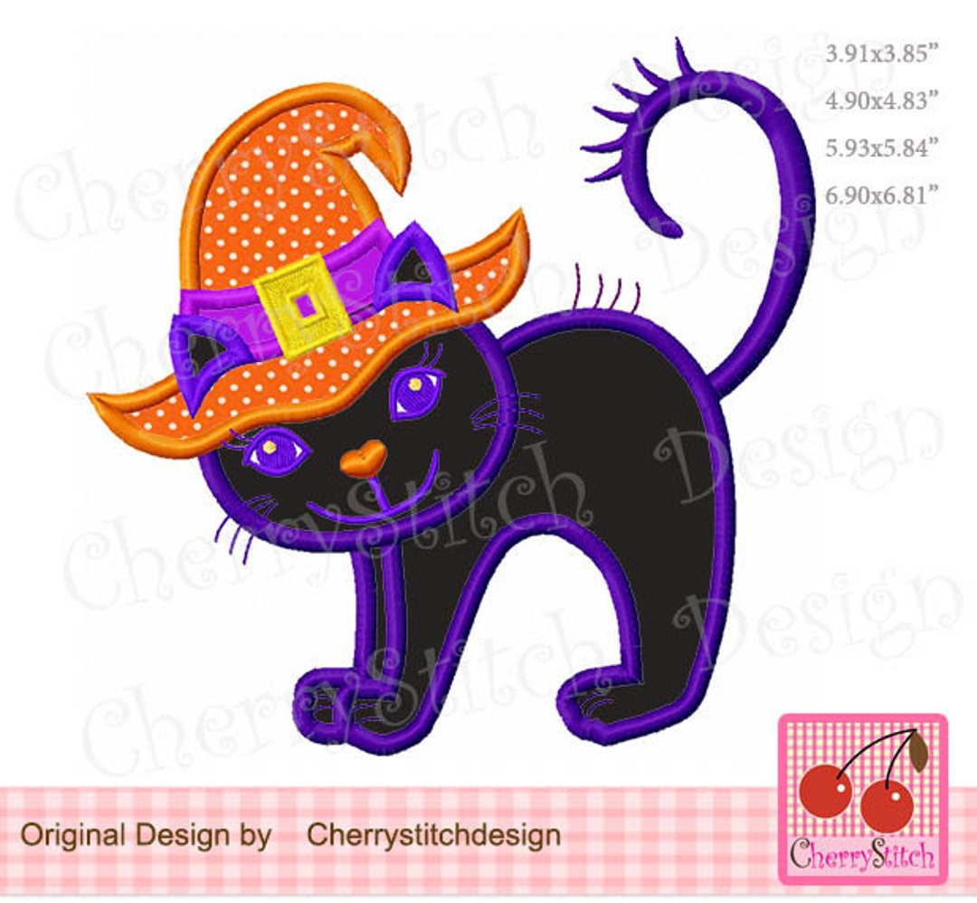 Halloween Black Cat Witch Hat Black Cat Halloween Machine Embroidery ...