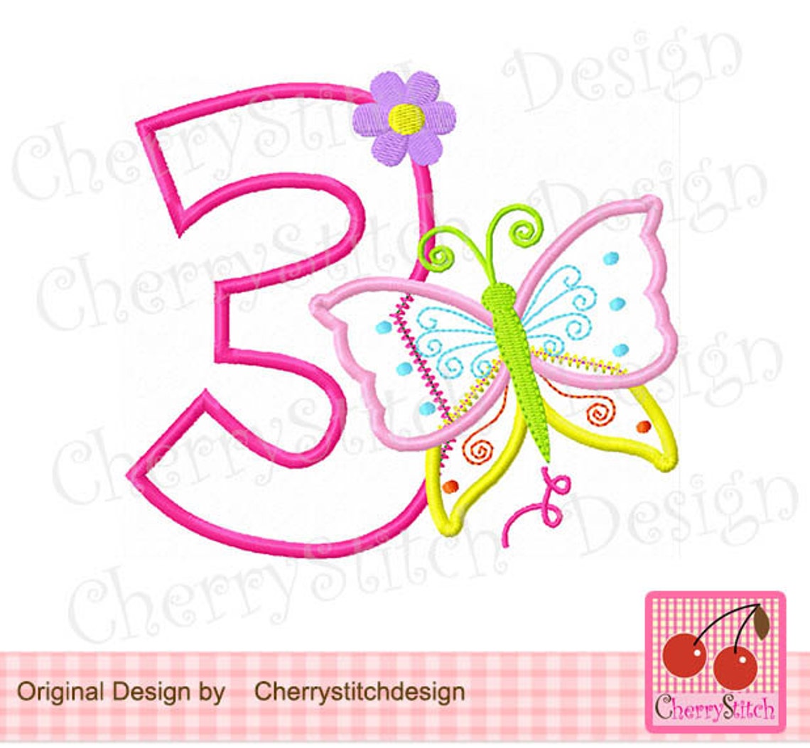 Butterfly Number 3 Birthday Embroidery Applique 4x4 5x5 - Etsy