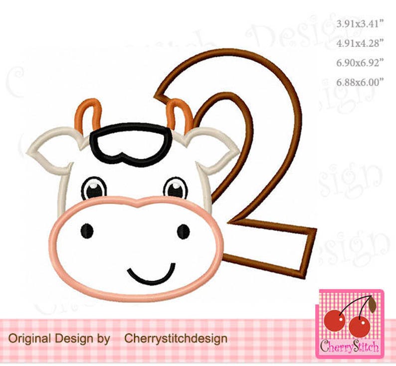 Cow Birthday number 2 machine embroidery applique | Etsy