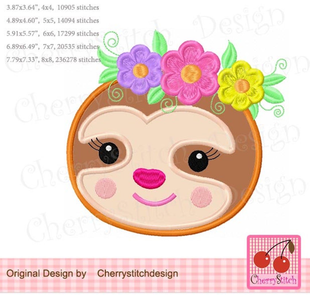 Sloth Face, Sloth With Flowers Machine Embroidery Applique - Etsy