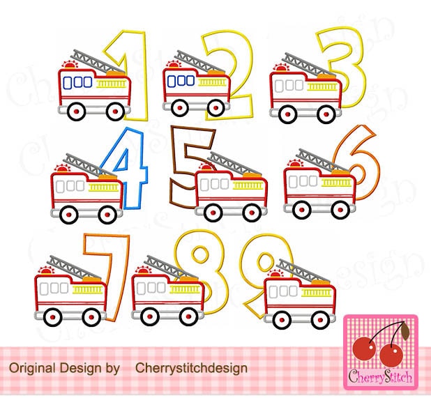Firetruck numbers Transportation Birthday Machine Embroidery | Etsy