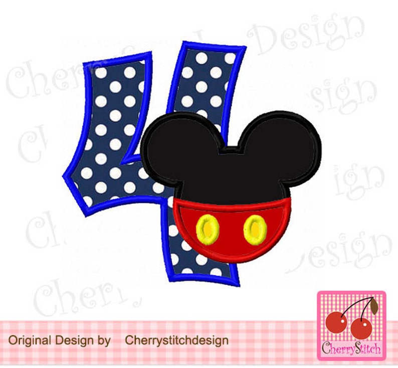 Mickey Number 4 Birthday Machine Embroidery Applique Design | Etsy