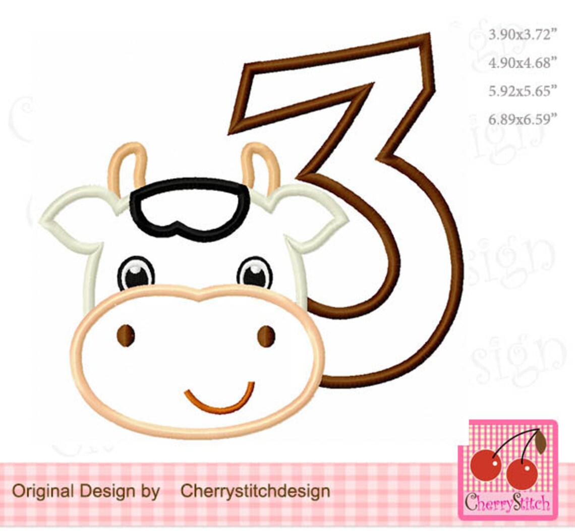 Cow Birthday Number 3 Machine Embroidery Applique - Etsy