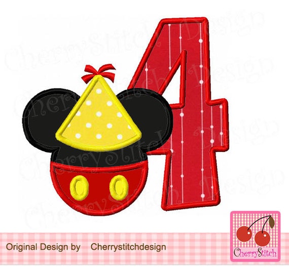 Mickey Number 4 Birthday Machine Embroidery Applique | Etsy