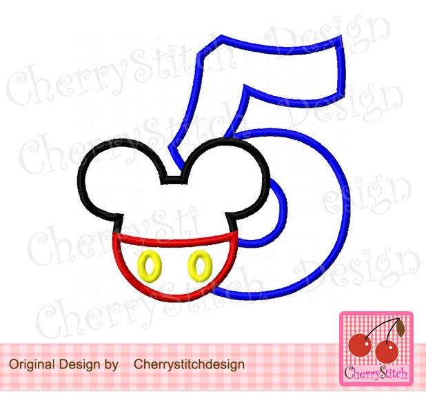 Mickey Mouse head with Birthday Number 5 Mickey Embroidery | Etsy