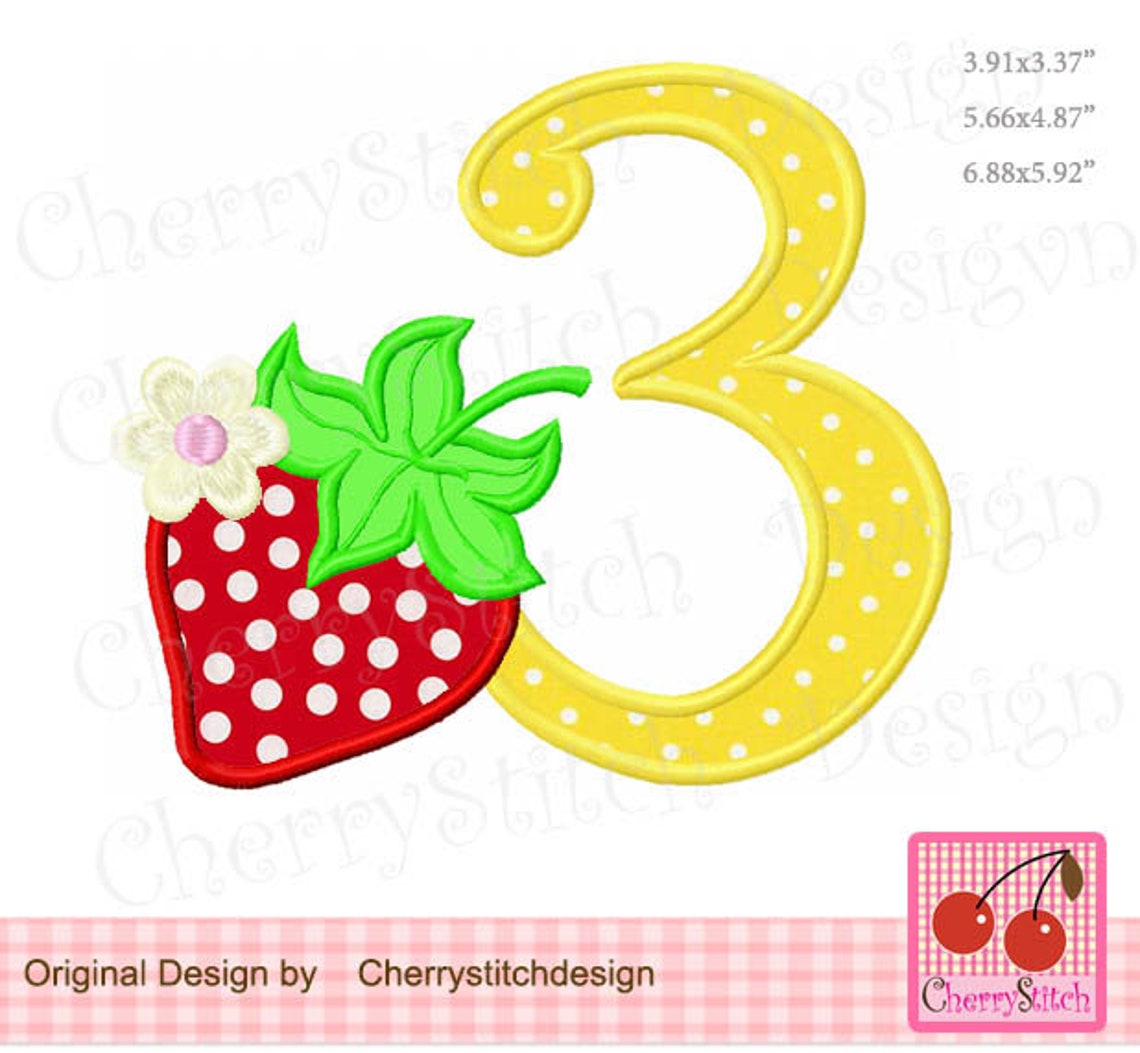 Strawberry Number 3 Birthday Machine Embroidery Applique - Etsy