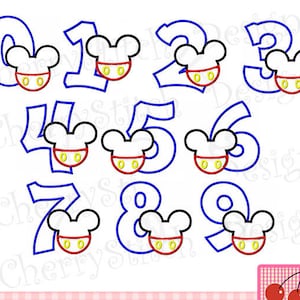 Mickey Numbers, Birthday Numbers 0-9 Embroidery Applique -4x4 5x5 6x6 ...