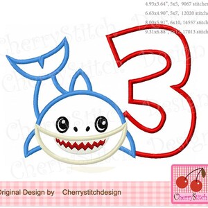 Shark Applique, Shark Number 3, Birthday Number 3 Machine Embroidery ...