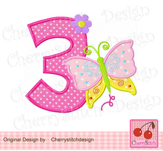 Butterfly Number 3 Birthday Embroidery Applique 4x4 5x5 - Etsy