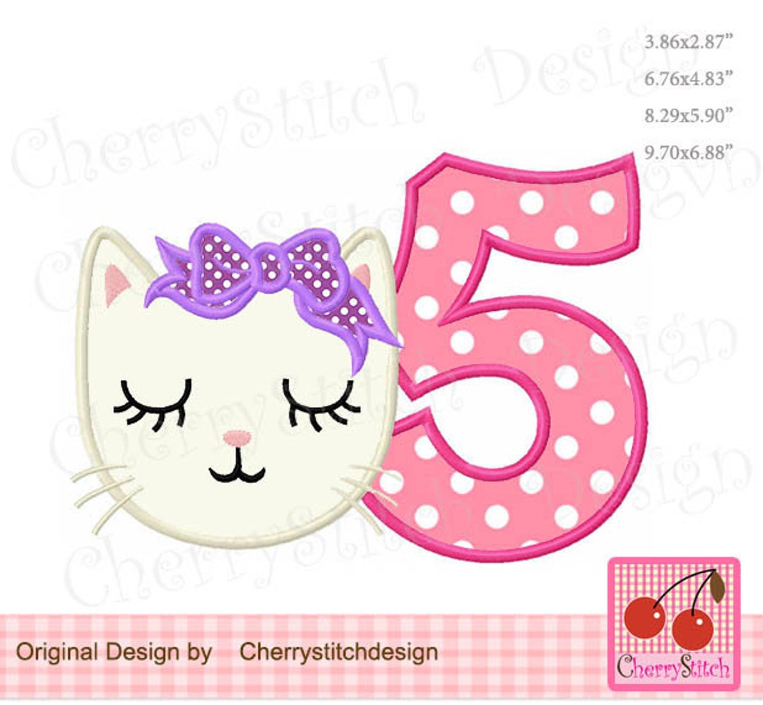 Cat Number 5 Kitty Cat With Bow Machine Embroidery Applique Design for ...