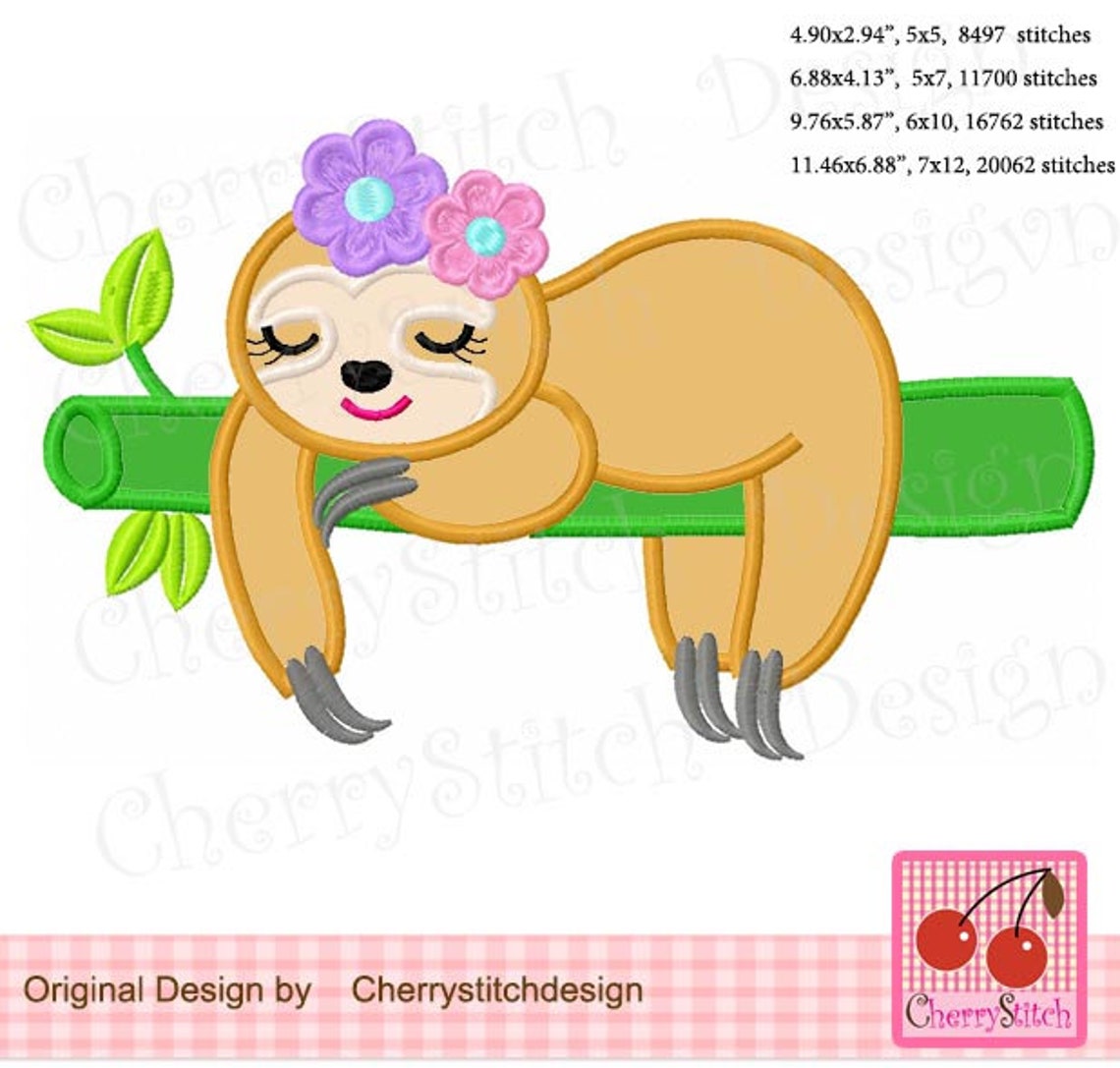 Sloth Girl Sleepy Sloth Flowers Sloth Machine Embroidery | Etsy