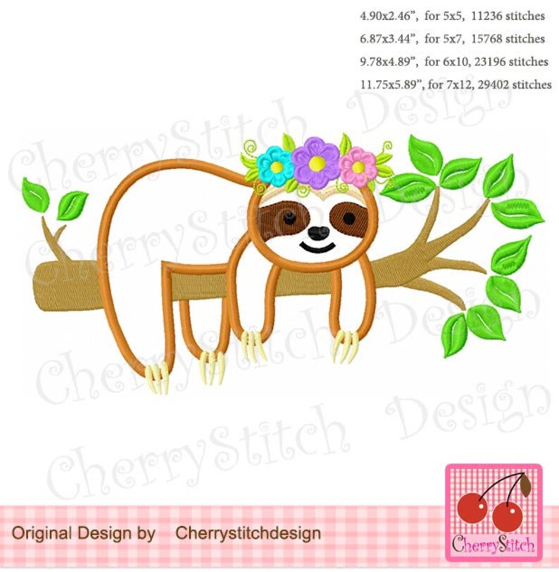 Sloth Applique Flowers Sloth Machine Embroidery Applique - Etsy