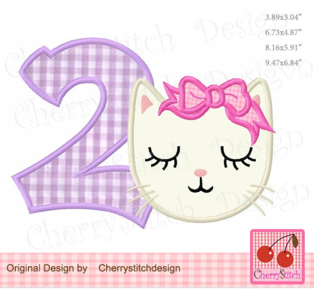 Cat Number 2 Kitty Cat With Bow Machine Embroidery Applique Design ...