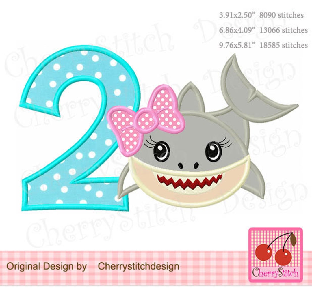 Shark Applique, Shark Number 2 Birthday Machine Embroidery Applique ...