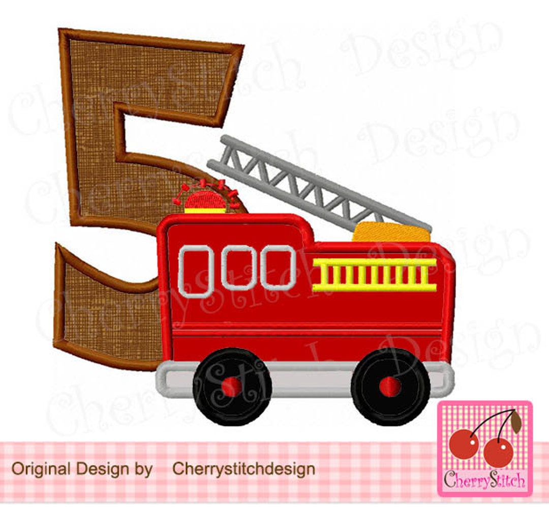Fire Truck Number 5 Birthday Transportation Machine Embroidery Design ...