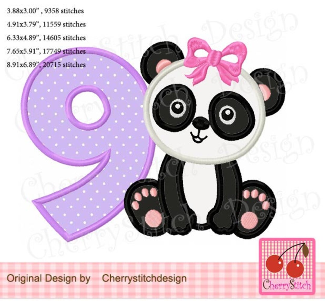 Panda Number 9, Birthday Number 9 Machine Embroidery Applique Design - Etsy