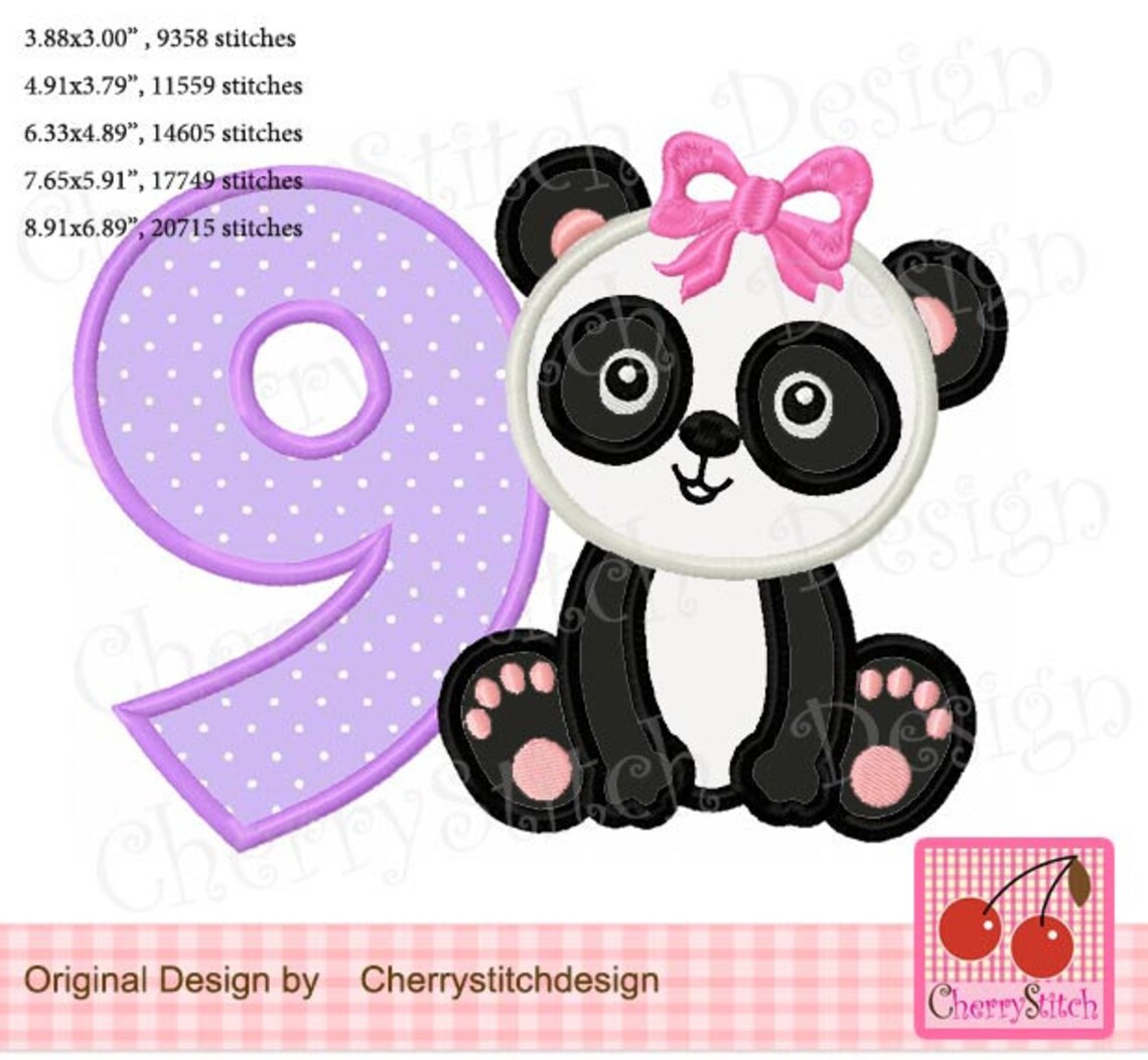 Panda Number 9 Birthday Number 9 Machine Embroidery Applique - Etsy