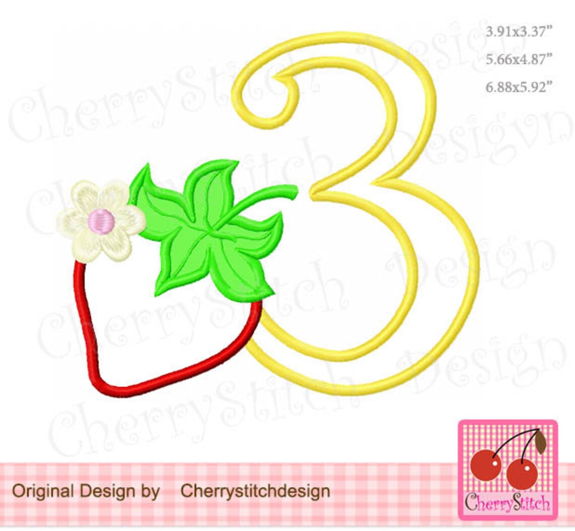 Strawberry Number 3 Birthday Machine Embroidery Applique - Etsy