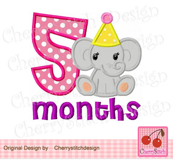 Baby 5 months elephant number 5 Machine Embroidery Applique | Etsy