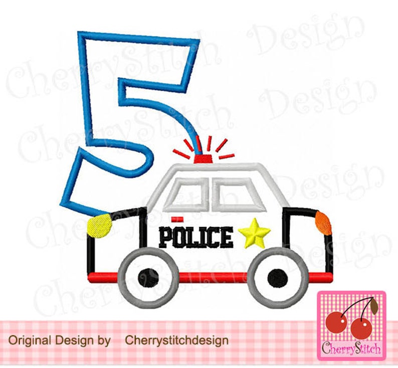 Police Car Number 5 Transportation Birthday Machine Embroidery Applique ...