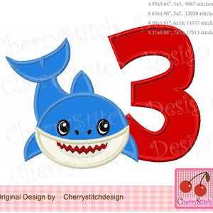 Shark Applique, Shark Number 3, Birthday Number 3 Machine Embroidery ...