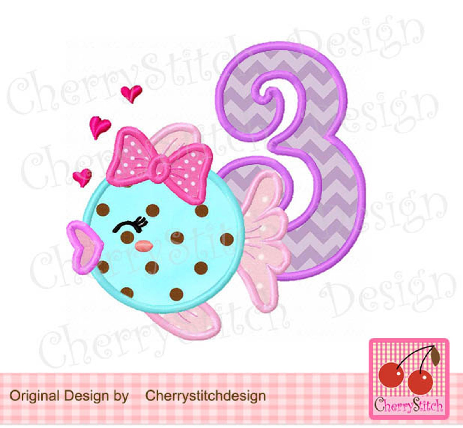 Birthday Number 3 With Cute Fish,heart Fish With Bow Digital Applique ...