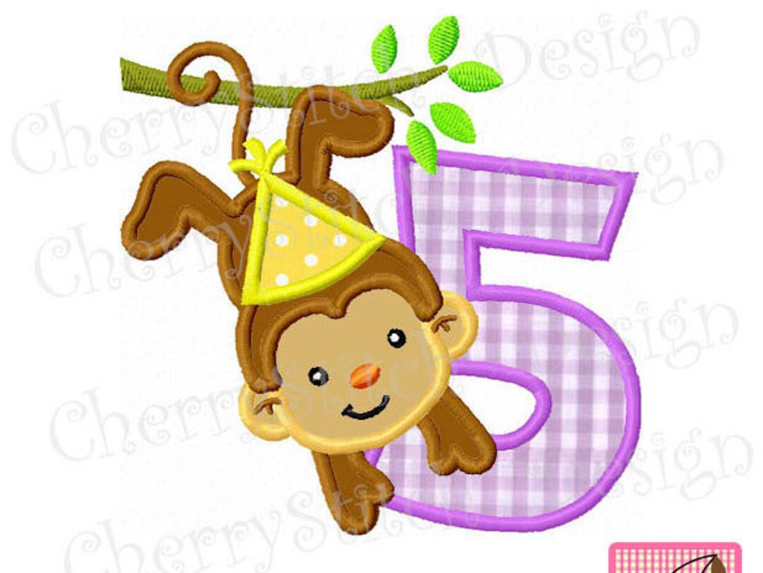 Monkey Birthday Number 5 Machine Embroidery Applique - Etsy