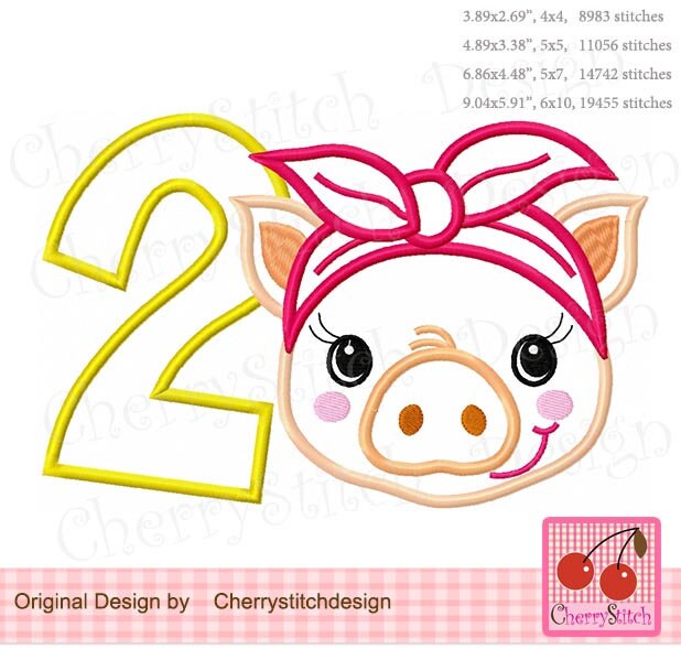 Pig Bandana Piggy Number 2 Birthdy Number 2 Machine Embroidery - Etsy UK