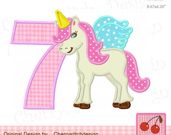 Cute Rainbow Unicorn Embroidery Design With Applique Number 7, Baby ...