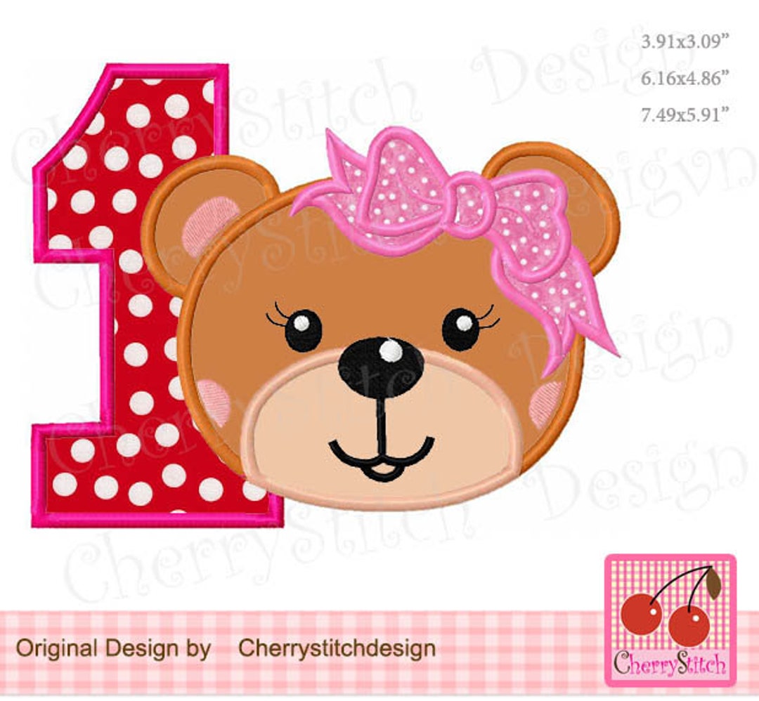 Number 1 With Bear Girly Bear Birthday Machine Embroidery Applique for ...