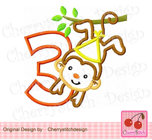Monkey Birthday Number 3 Machine Embroidery Applique Design | Etsy