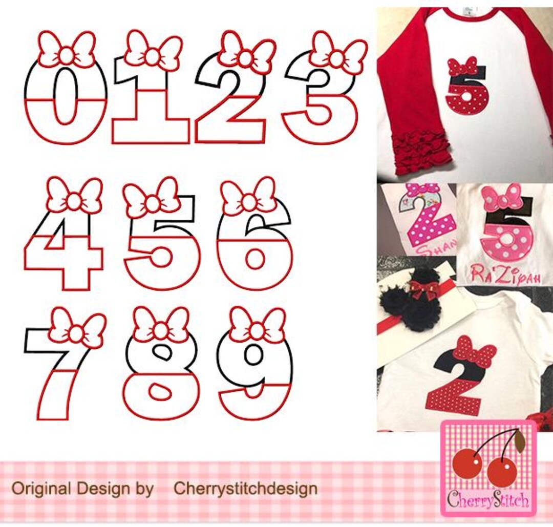 Minnie Bow Numbers Applique, Mouse Ears Numbers Set Machine Embroidery ...