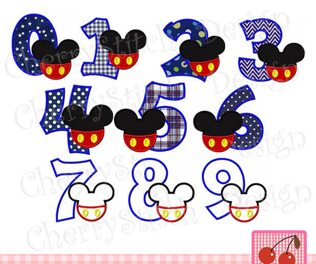 Mickey Numbers, Birthday Numbers 0-9 Embroidery Applique -4x4 5x5 6x6 ...