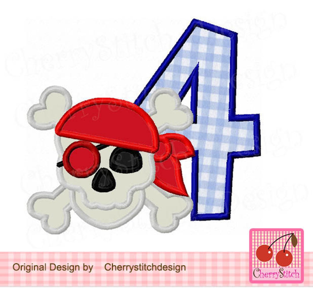 Embroidery Design Pirate Skull Number 4 Birthday Machine Embroidery ...