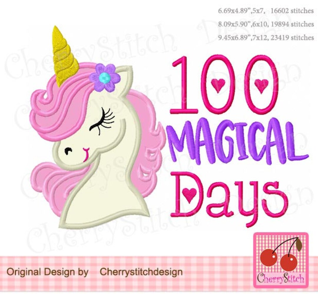 Back to School Unicorn Embroidery, 100 Magical Days of School, Unicorn ...