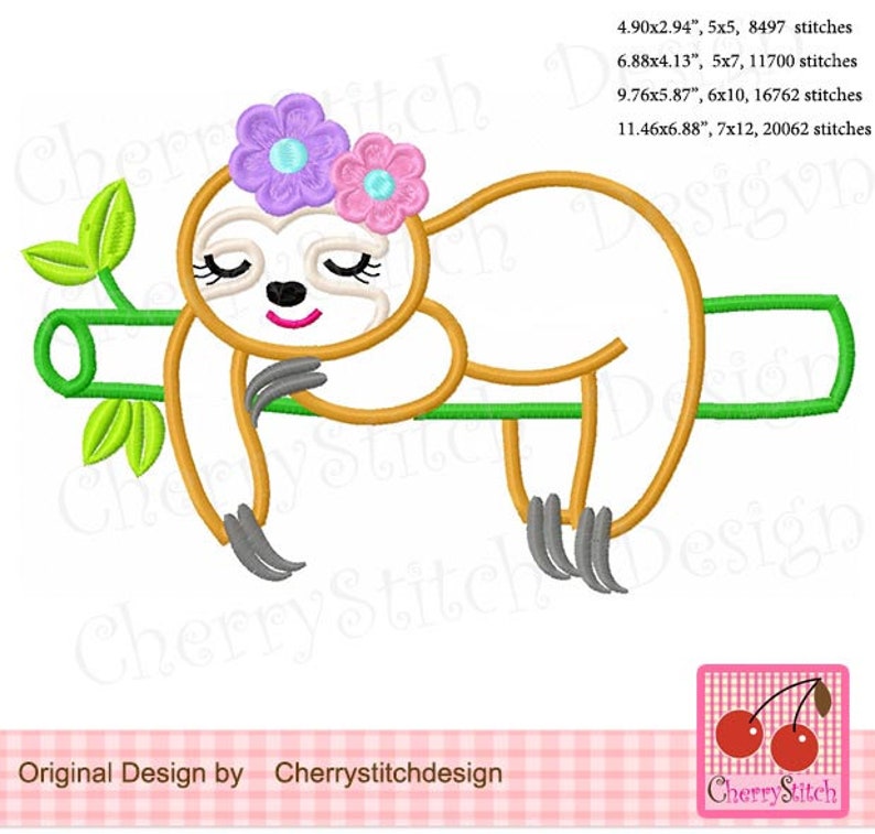 Sloth Girl Sleepy Sloth Flowers Sloth Machine Embroidery - Etsy