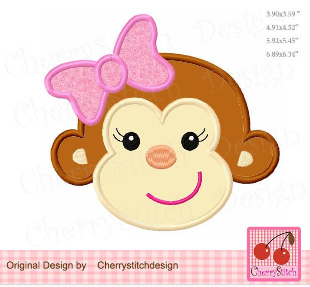 Monkey Girl Face Monkey Girl With Bow Machine Embroidery - Etsy