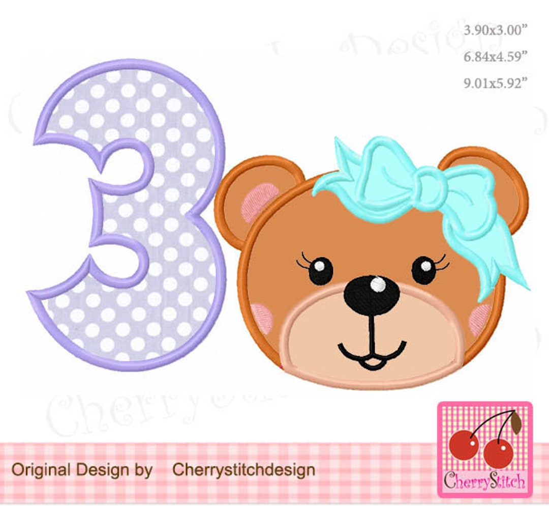 Number 3 With Bear Girly Bear Birthday Number 3 Machine Embroidery ...