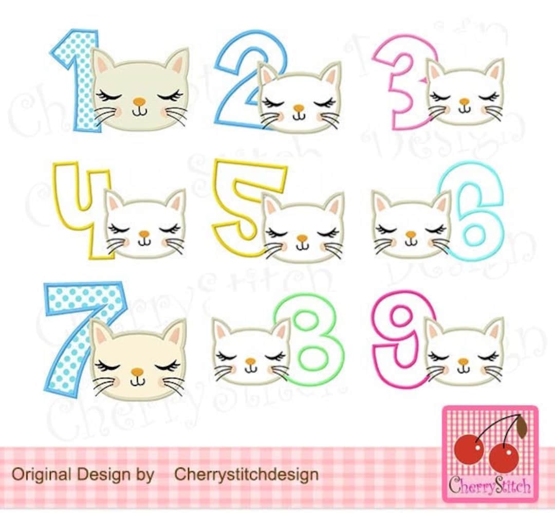 Cat Face Numbers Set, Kitty Cat Nubmers 1-9 Machine Embroidery ...