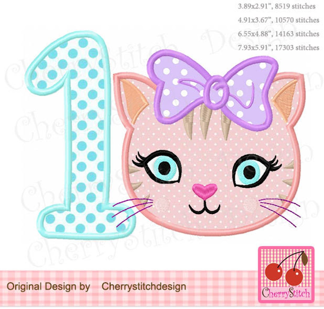 Cat Face Number 1, Kitty Cat Birthday Machine Embroidery Design BIR0263 ...