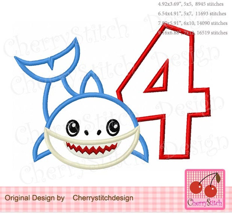 Shark Applique Shark Number 4 Birthday Number 4 Machine - Etsy